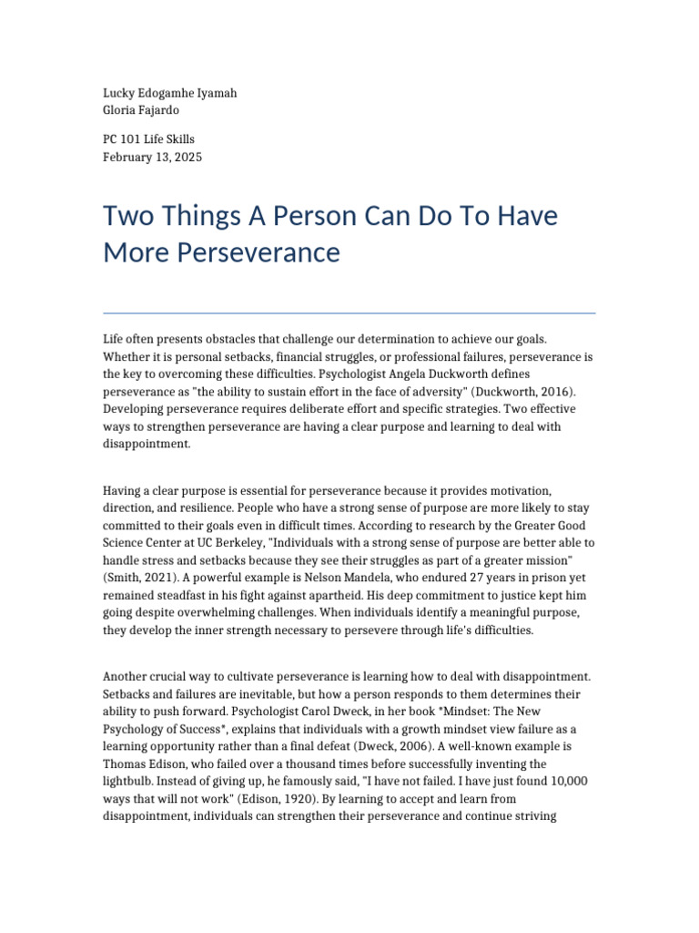 Perseverance Essay Letter | PDF | Psychological Resilience | Mindset