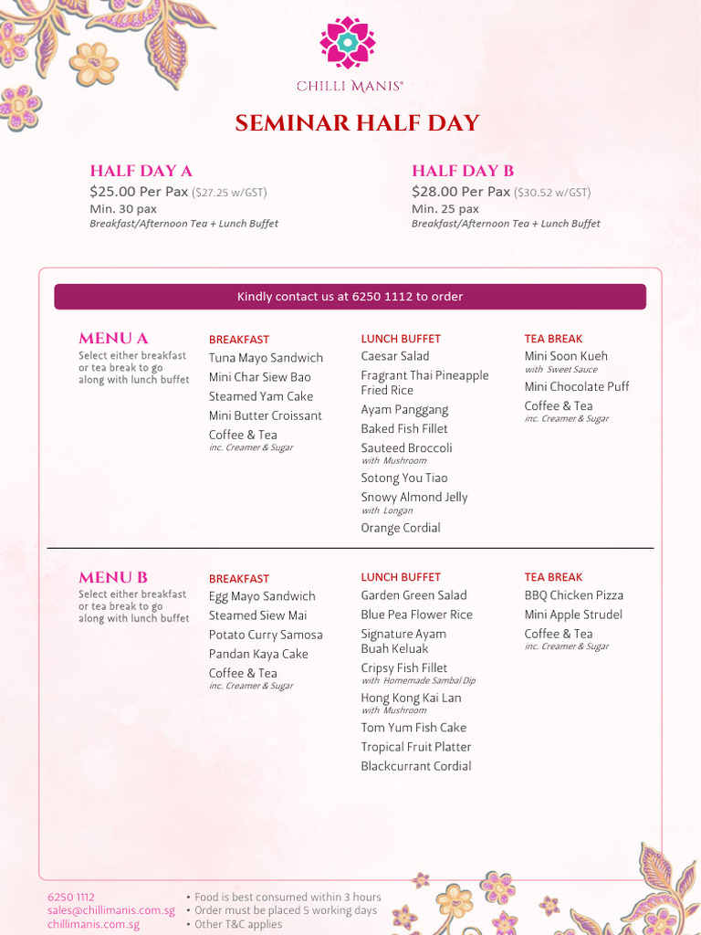Chilli Manis Seminar Half Day Menu - 2024 | PDF | Lunch | Thai Cuisine
