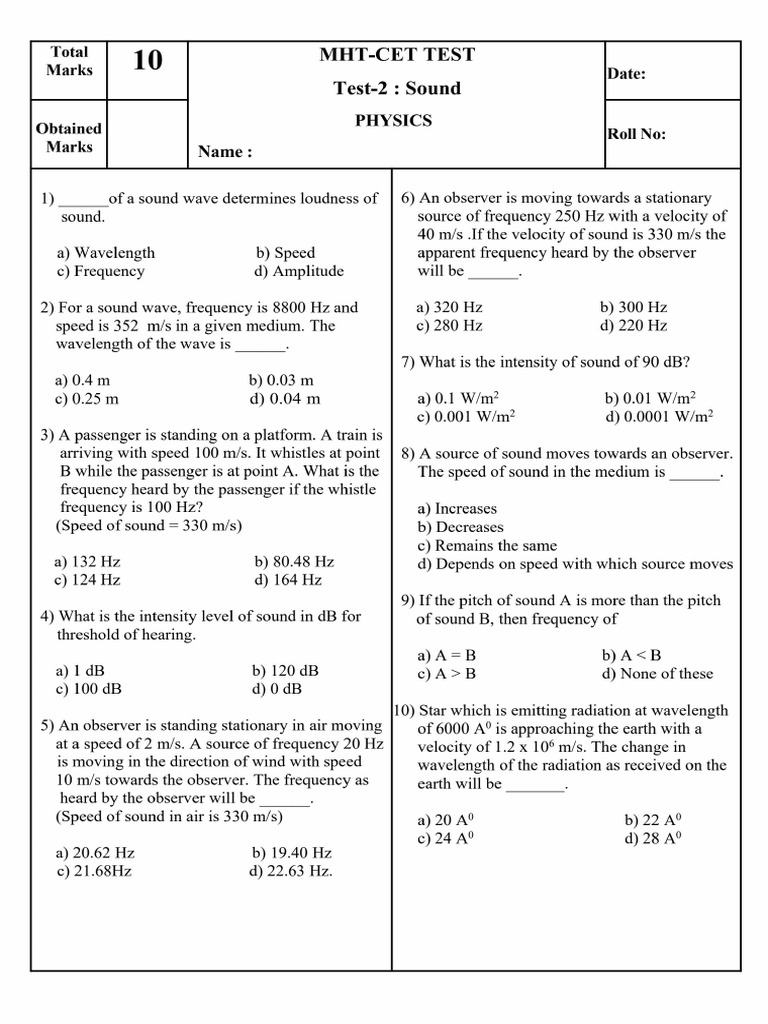 Physics Test Answer Paper-1 | PDF
