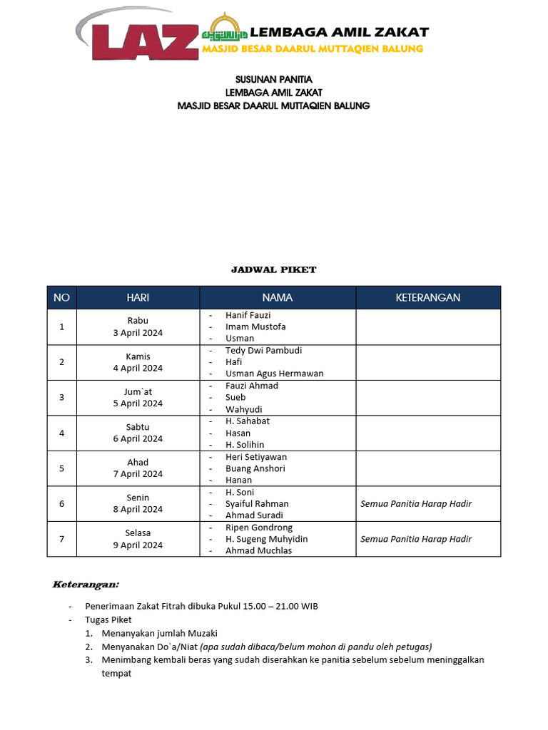 Susunan Panitia Laz 2024 | PDF