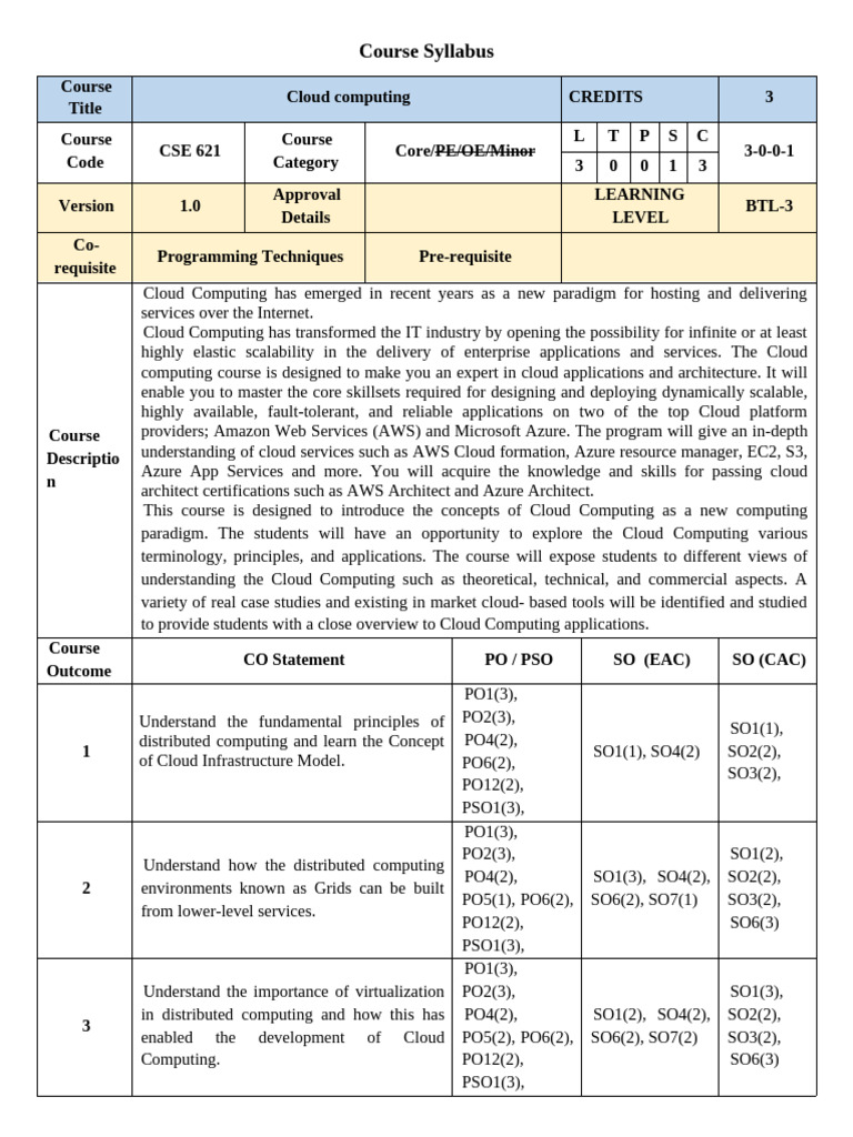 Cloud Computing Course Syllabus | PDF | Cloud Computing | Virtualization