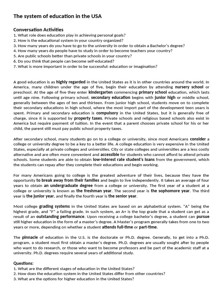 The System of Education in The USA | PDF | Academic Degree | Private School