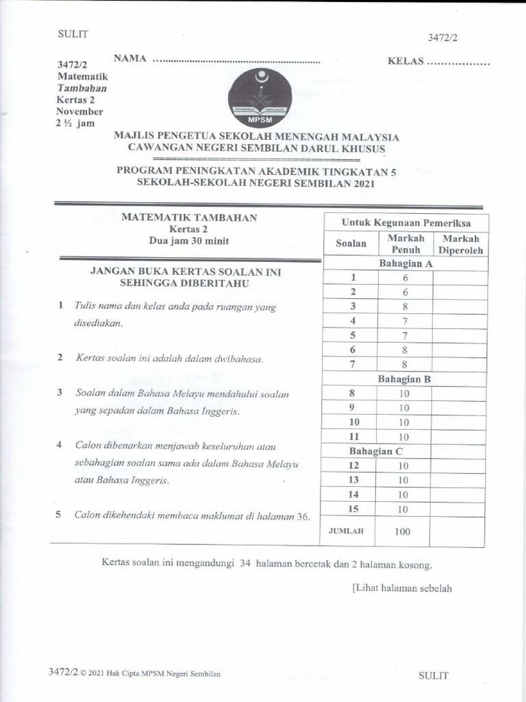 Add Math Paper 2 2021 Negeri Sembilan | PDF