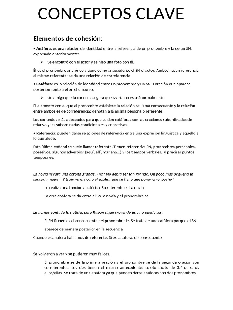 Conceptos Clave Elementos de Cohesión | PDF | Pronombre | Mecánica del ...