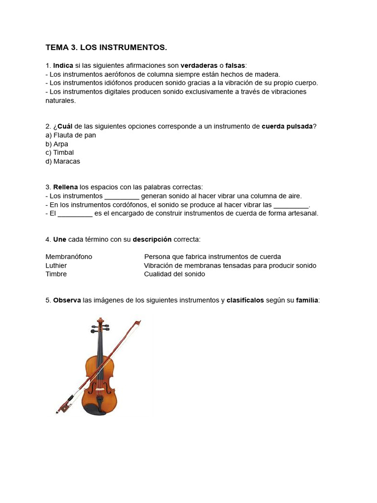 Ejercicios sobre instrumentos musicales | PDF