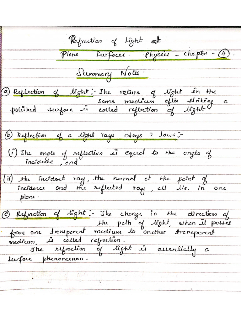 10th Phy Chap 4 Refraction.. Summary Notes | PDF