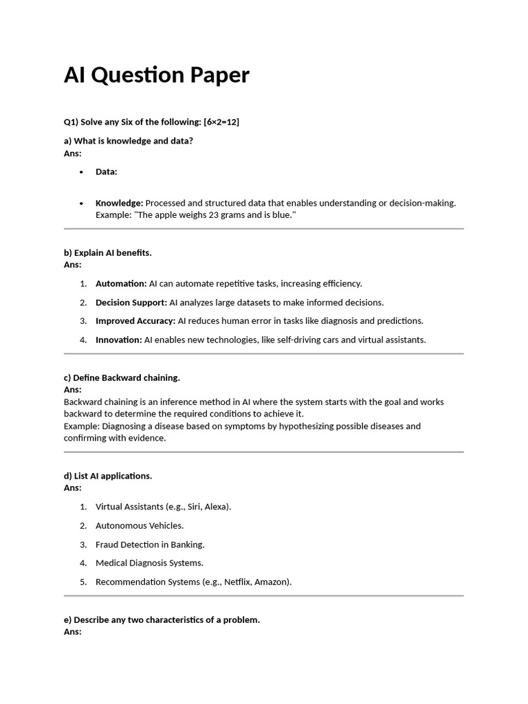 AI Question Paper and Solutions | PDF | Artificial Intelligence ...