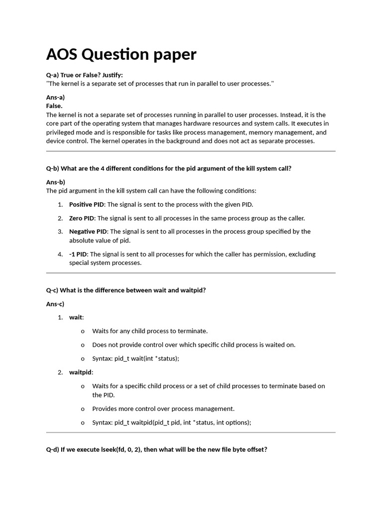 AOS Question Paper Previous y | PDF | Process (Computing) | Operating System