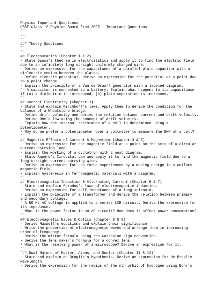 Class12 Physics Important Questions | PDF | P–N Junction | Magnetic Field