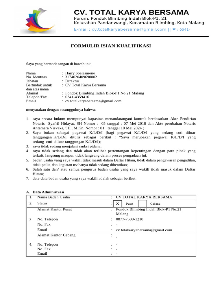 Form Isian Badan Usaha (TKB) | PDF