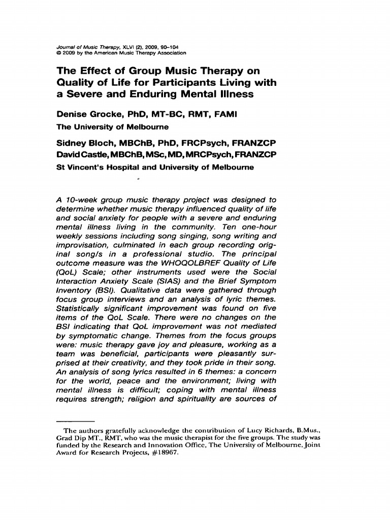 The Effect of Group Music Therapy On Quality of Life For Participants ...