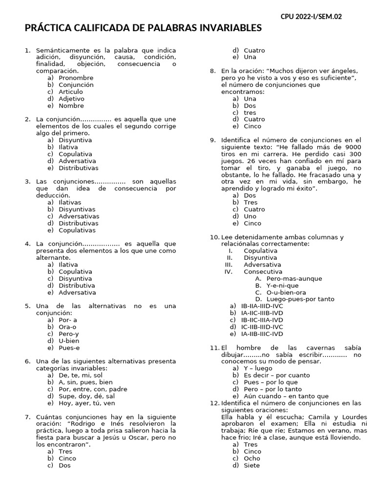 PRÁCTICA CALIFICADA- PALABRAS INVARIABLES -SEM. 02 - | PDF | Adverbio ...