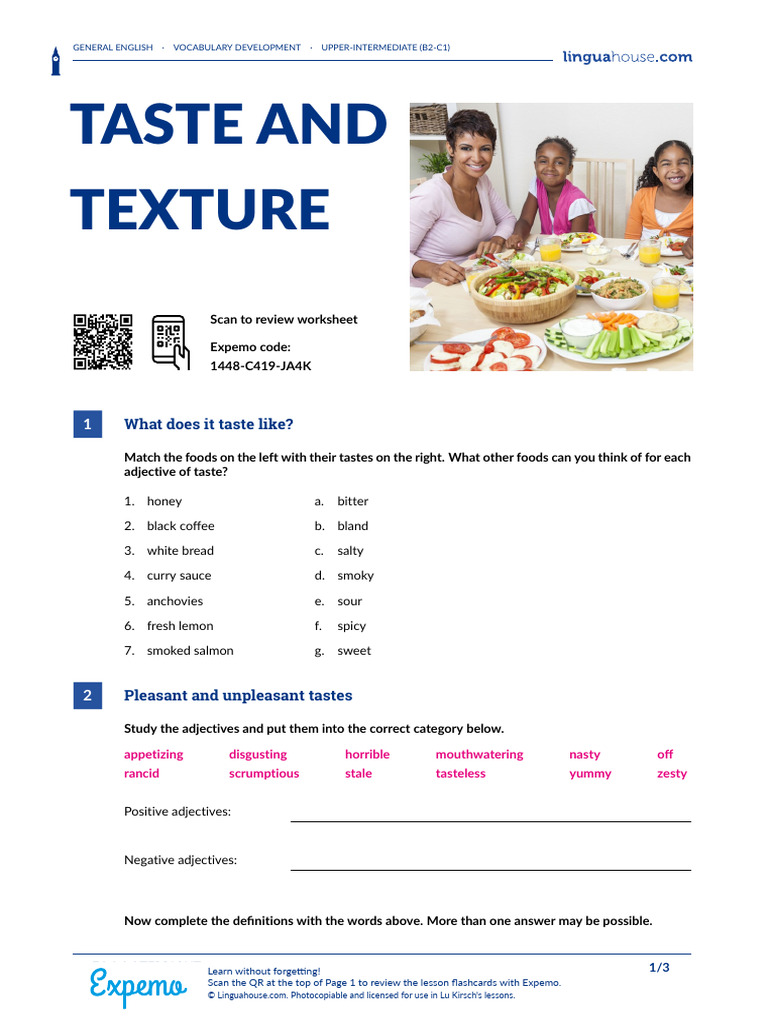 N5 - Taste and Texture - Worksheet | PDF | Taste | Foods