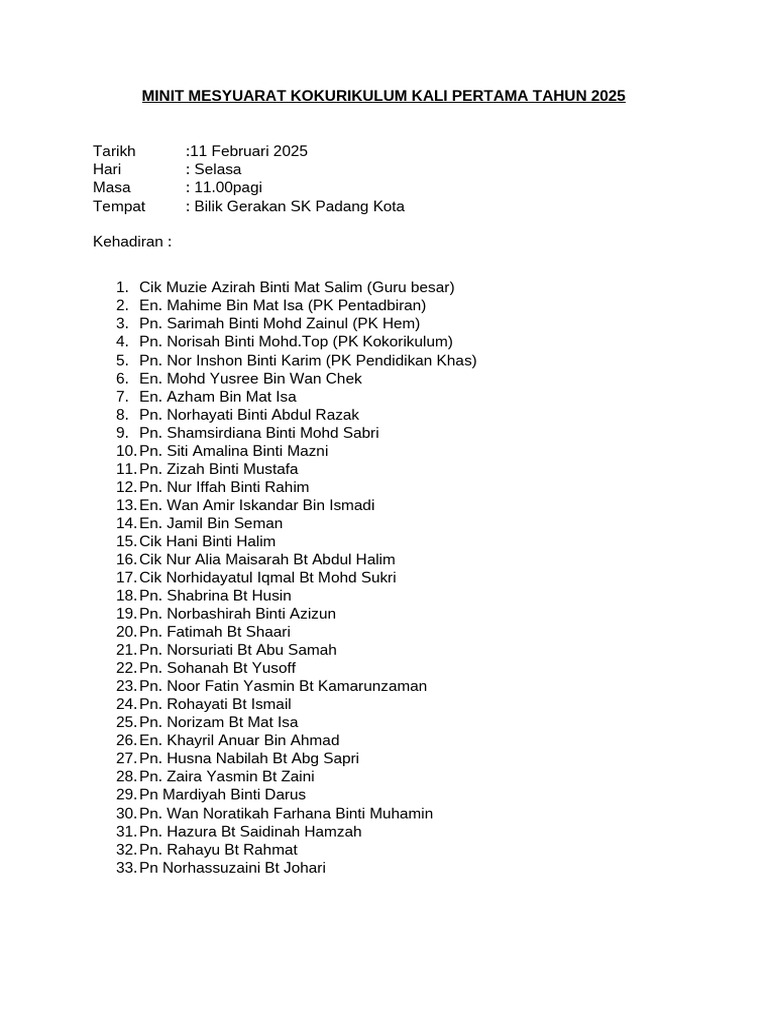 MINIT MESYUARAT KOKURIKULUM Bil 1 2025 | PDF