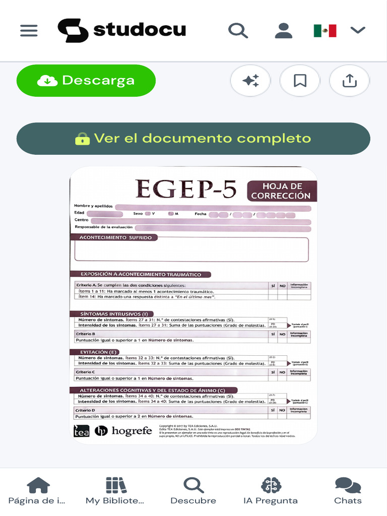 Egep-5 - Prueba de Estres Postraumatico - Egep - Hoja de I Correccion Nombre y Apellidos Edad ...