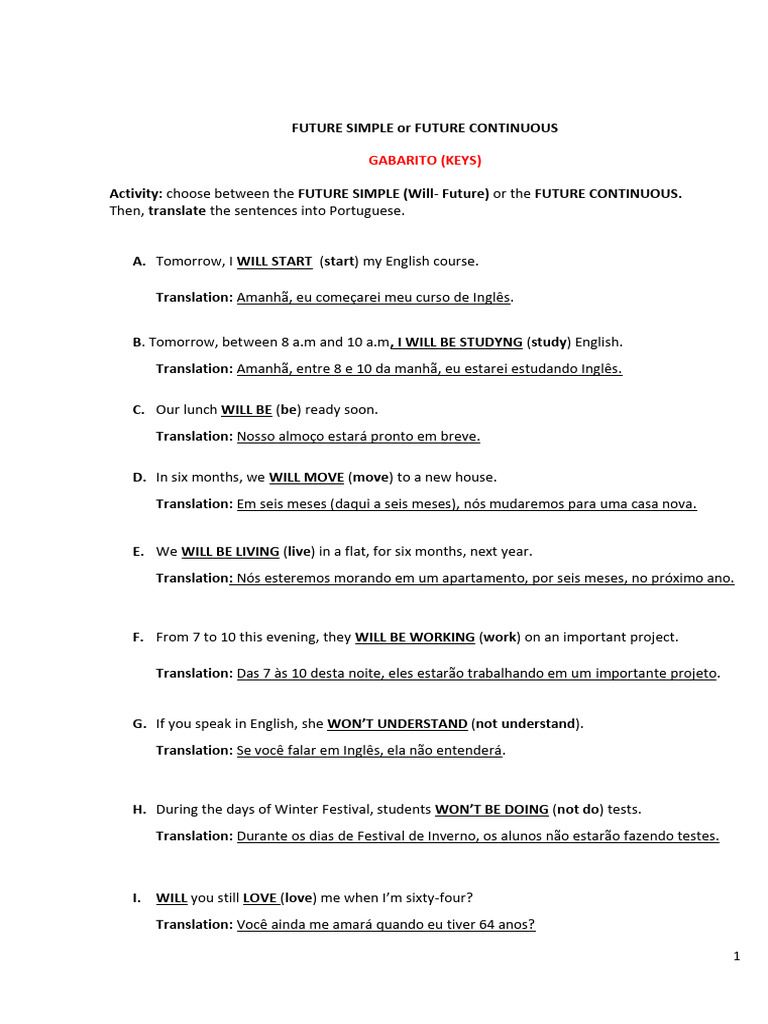 GABARITO - FUTURE SIMPLE or FUTURE CONTINUOUS | PDF