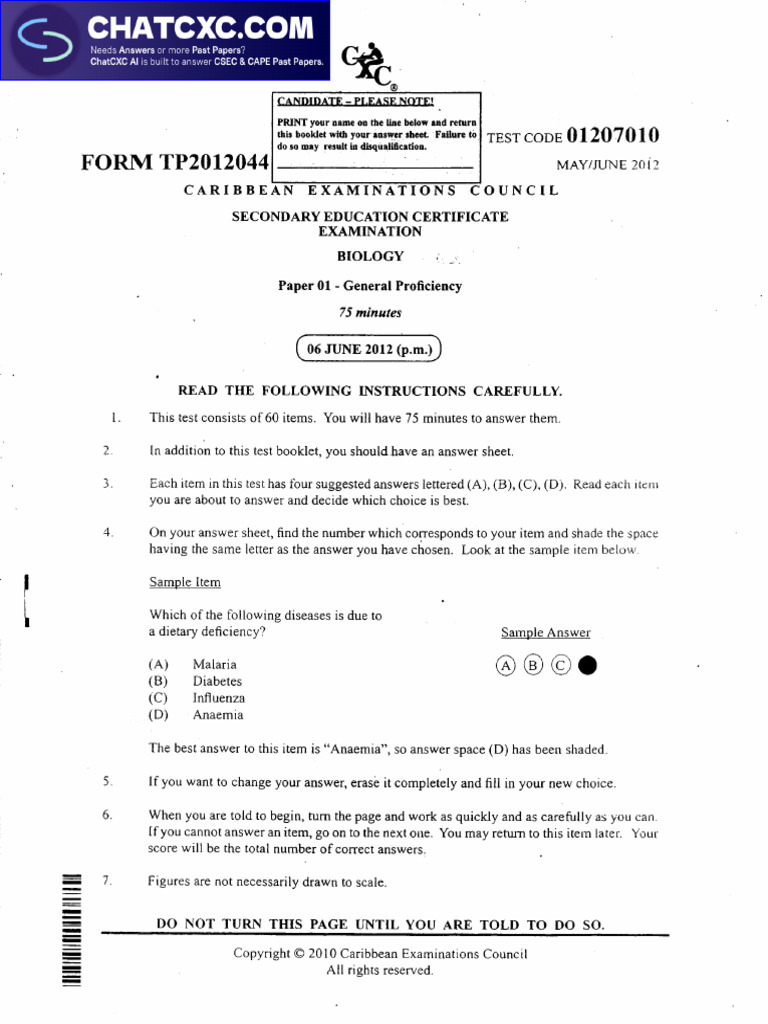 CSEC Biology P1 2012 | PDF