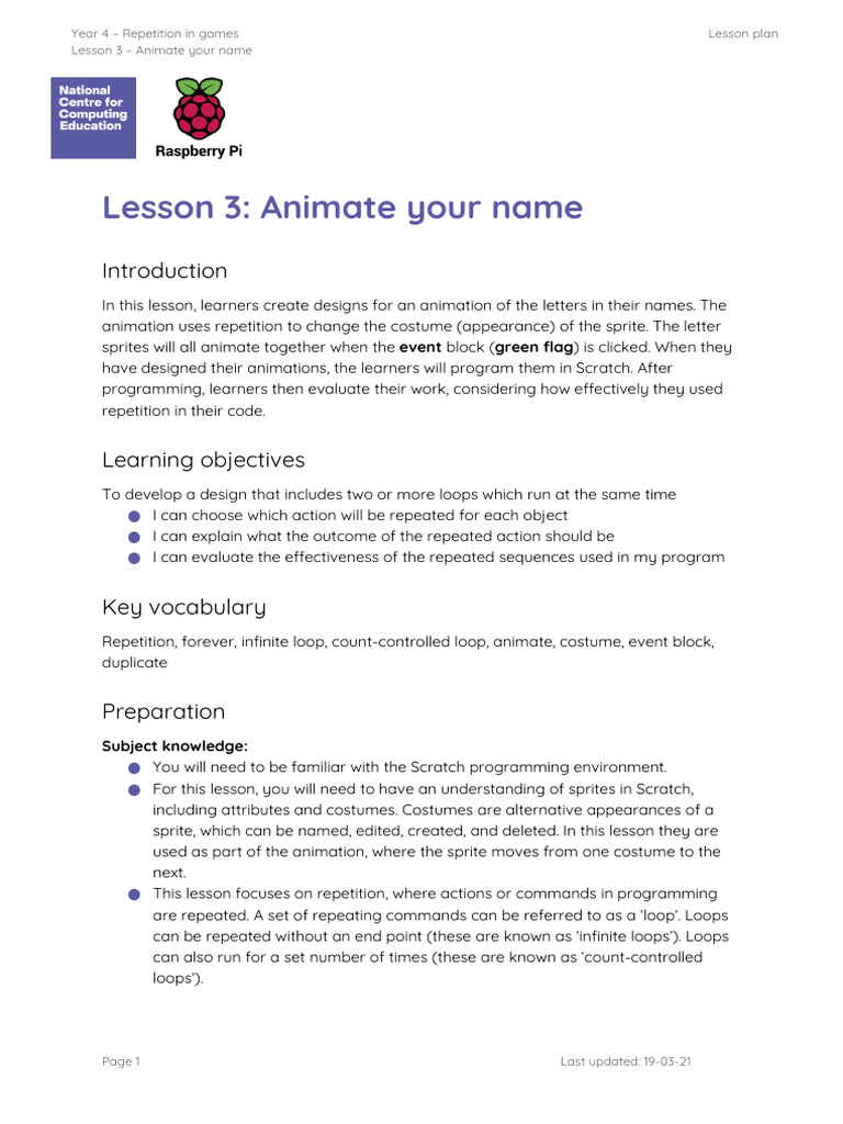 L3 Lesson plan - Repetition in games | PDF | Scratch (Programming Language) | Cognitive Science