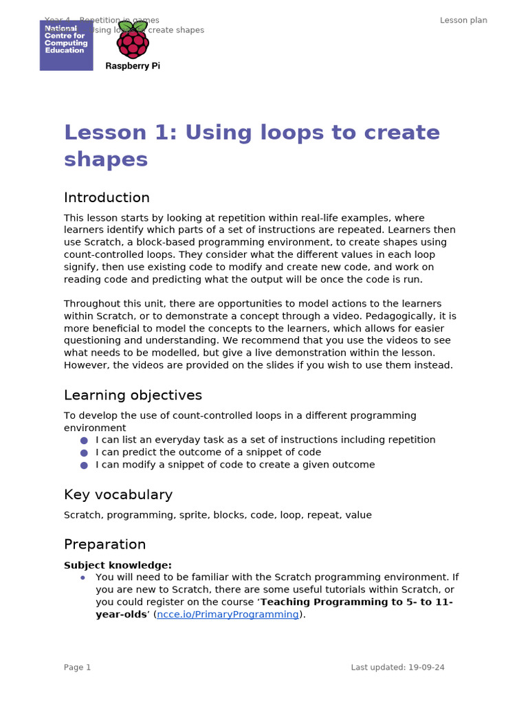 L1 Lesson Plan - Using Loops To Create Shapes - Y4 | PDF | Learning | Scratch (Programming Language)