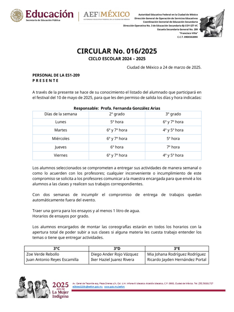 Circular 016-2025 Ensayos Festival Dia de Las Madres Profa. Fernanda Gonzalez | PDF
