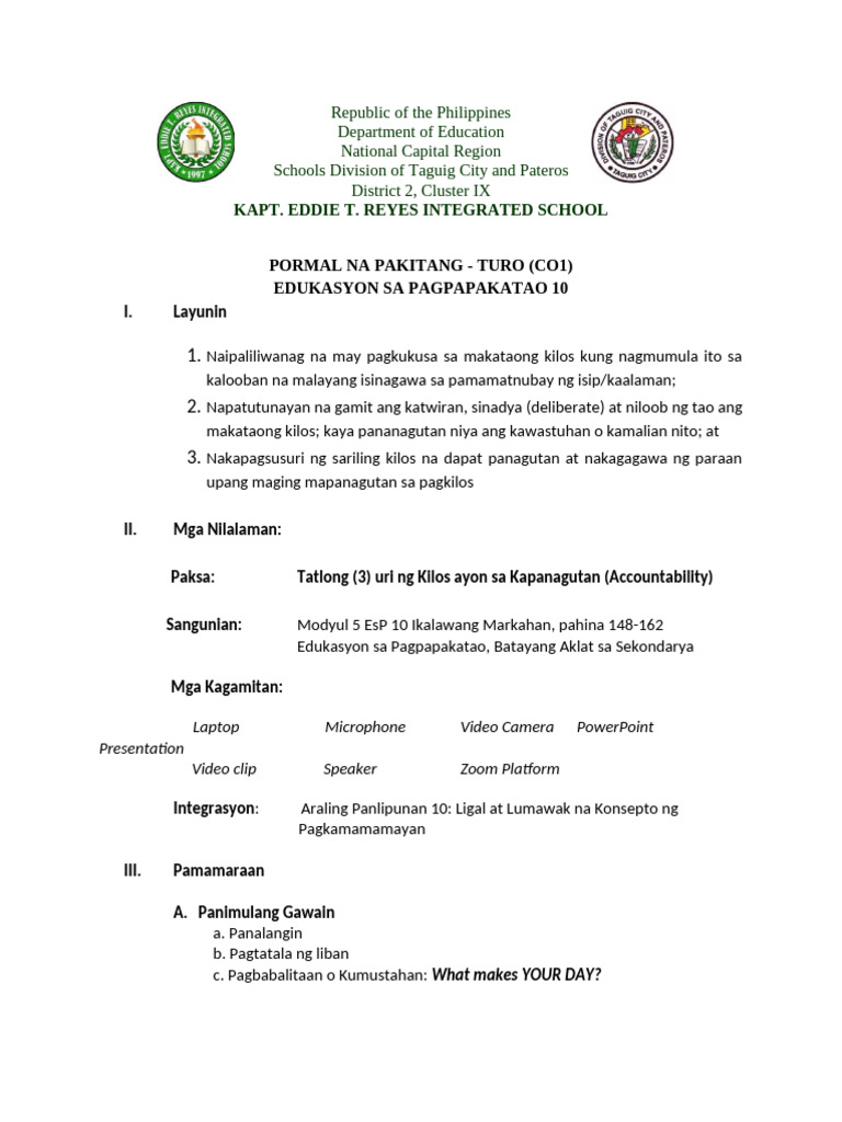 Cot 1 Esp Lesson Plan | PDF