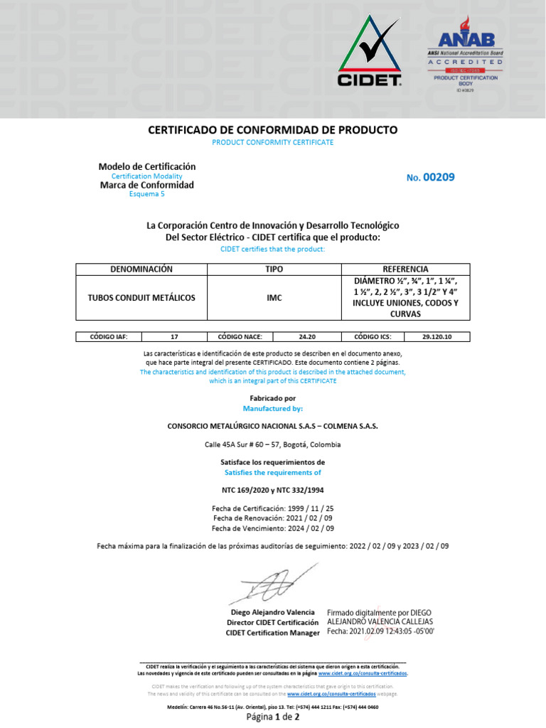Certificado Materiales Tubos Conduit Metálicos | PDF