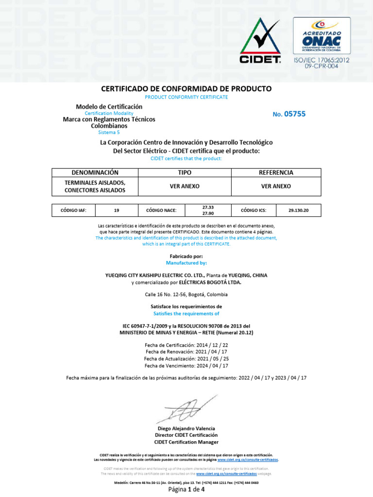 Certificado Materiales Terminales Aislados | PDF