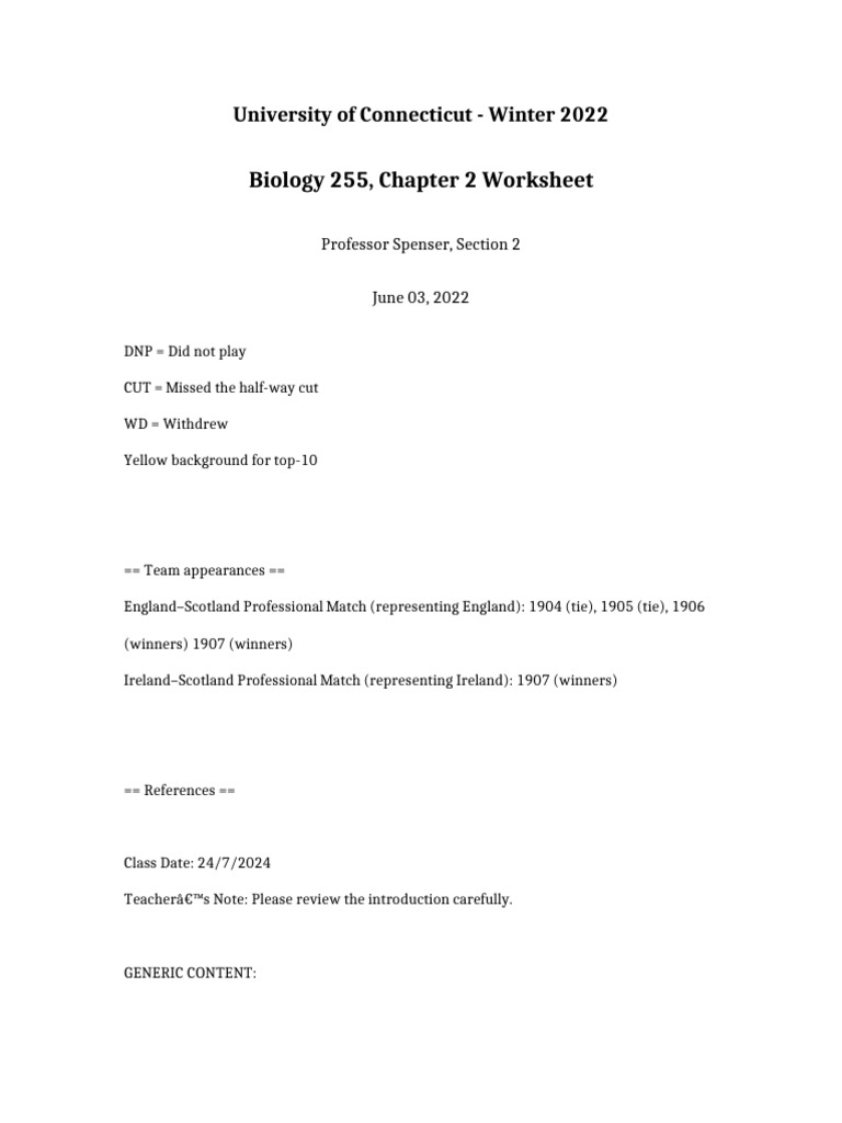 Biology 255 Chapter 2 Worksheet | PDF