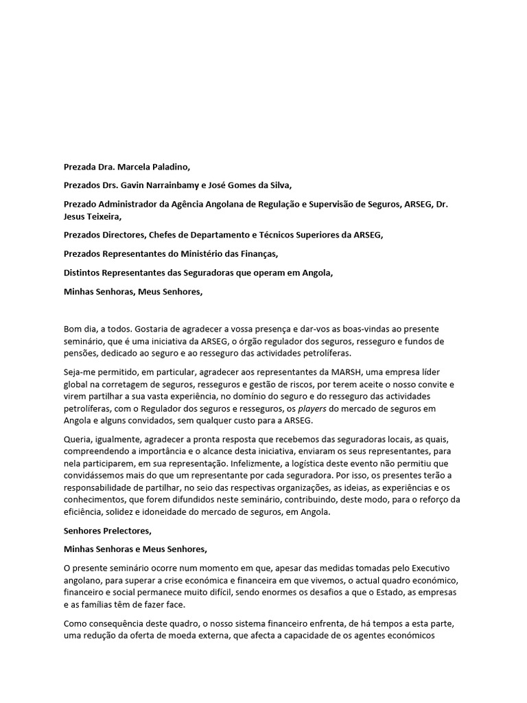 Discurso de Abertura PCA - Seminário Sobre Seguro e Resseguro das ...