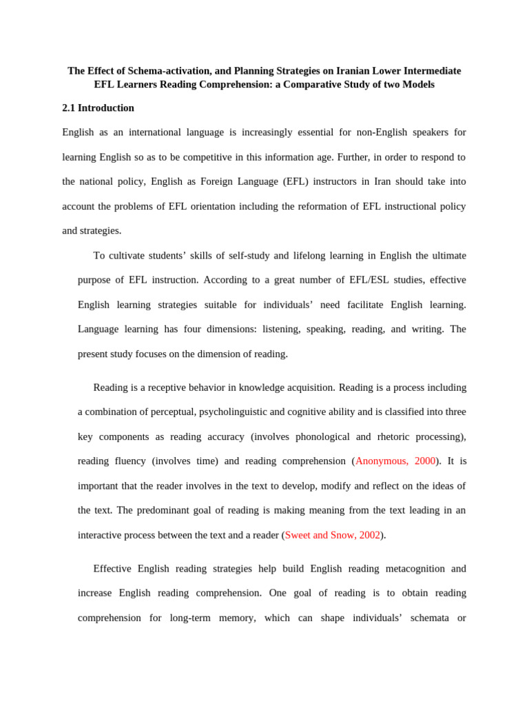 Schema Activation in EFL Reading Comprehension | PDF | Reading ...