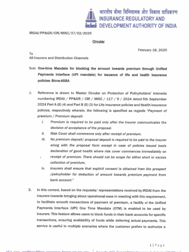 One-Time Mandate For Blocking The Amount Towards Premium Through Unified Payments Interface (UPI ...