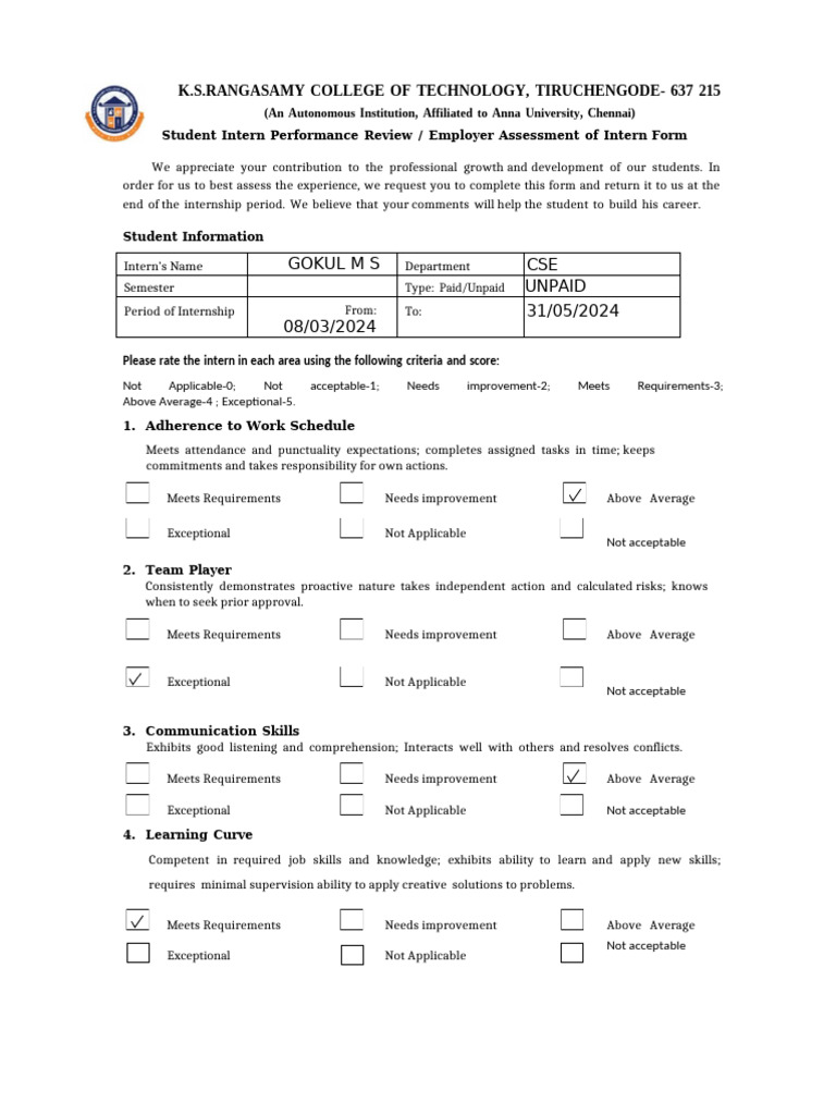 External Assessment Form | PDF | Internship | Job Hunting