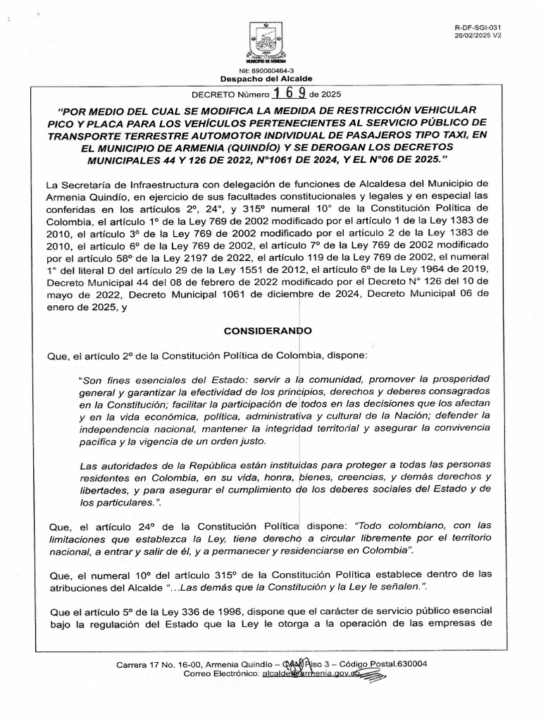 Decreto 169 2025 - Pico y Placa Taxi | PDF
