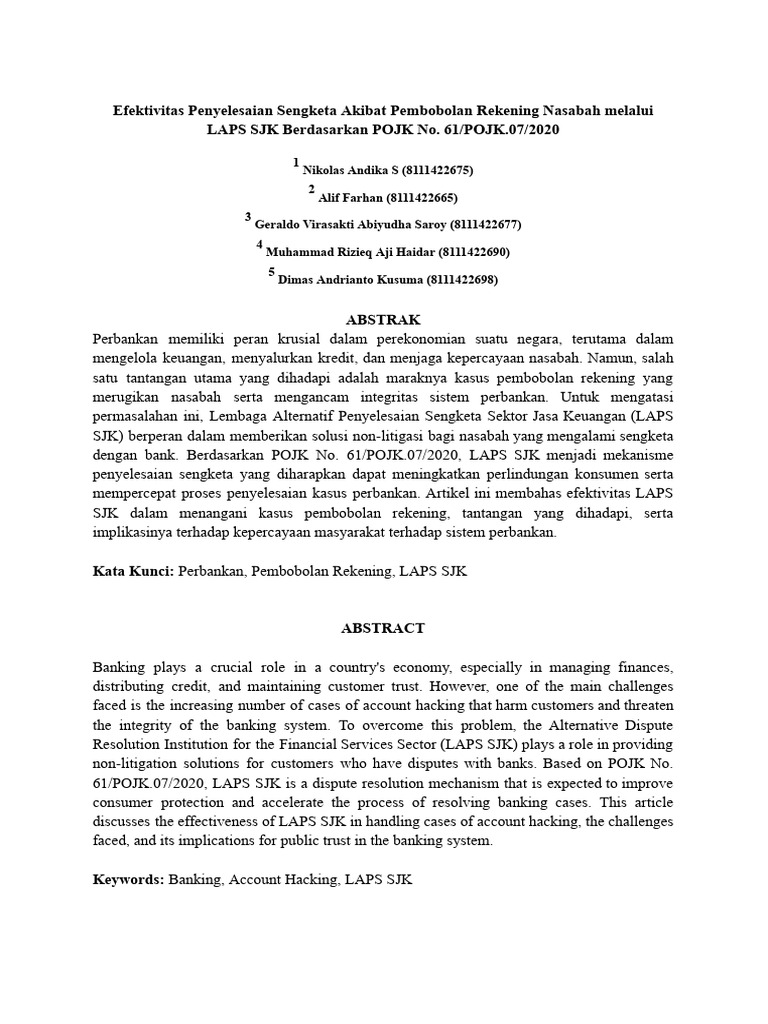 Efektivitas Penyelesaian Sengketa Akibat Pembobolan Rekening Nasabah Melalui LAPS SJK ...