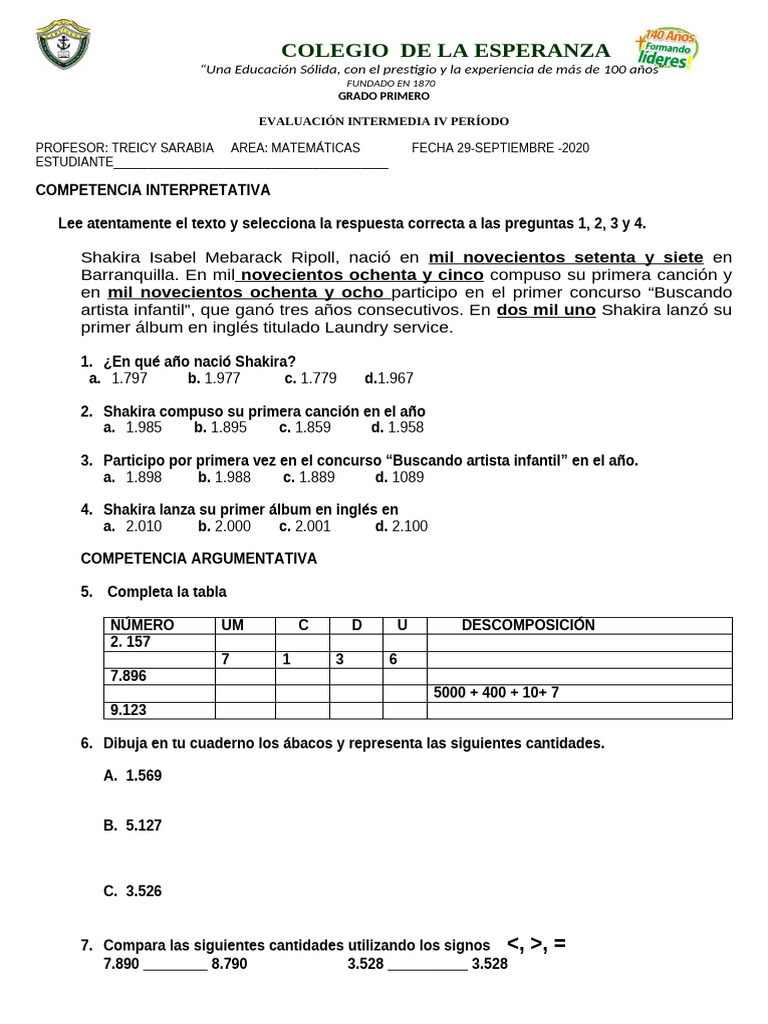 Iv P Intermedia Matemáticas 1° | PDF