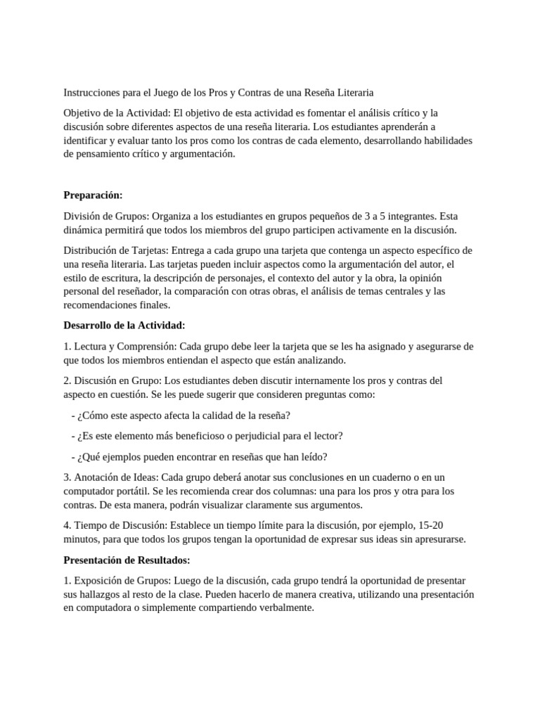 Instrucciones para El Juego de Los Pros y Contras de Una Reseña ...