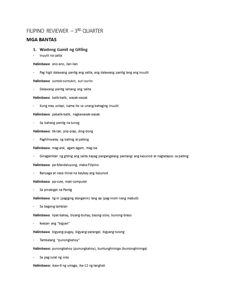 FILIPINO REVIEWER - 3RD QUARTER | PDF