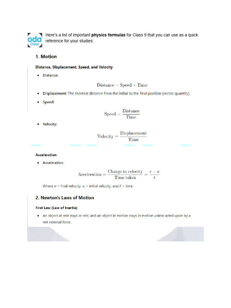 List of Important Physics Formulas For Class 9 | PDF