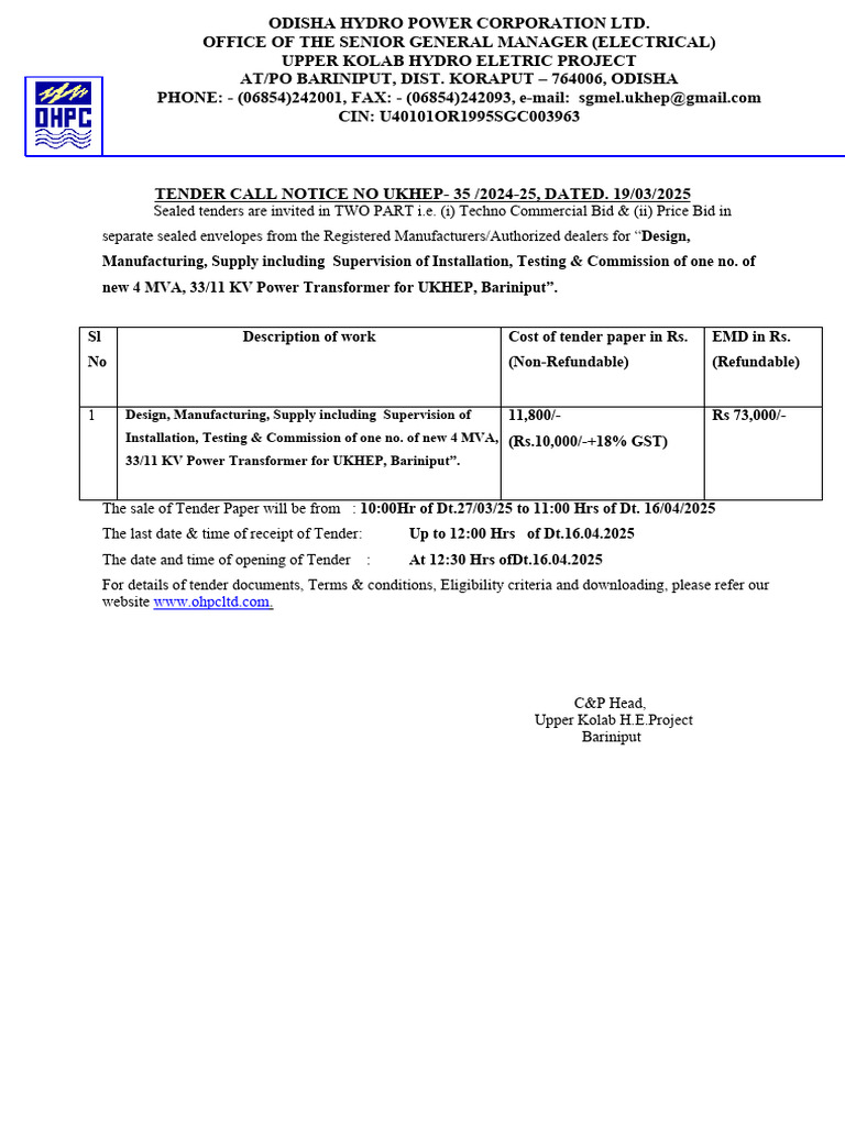 Tender for 4 MVA Power Transformer | PDF