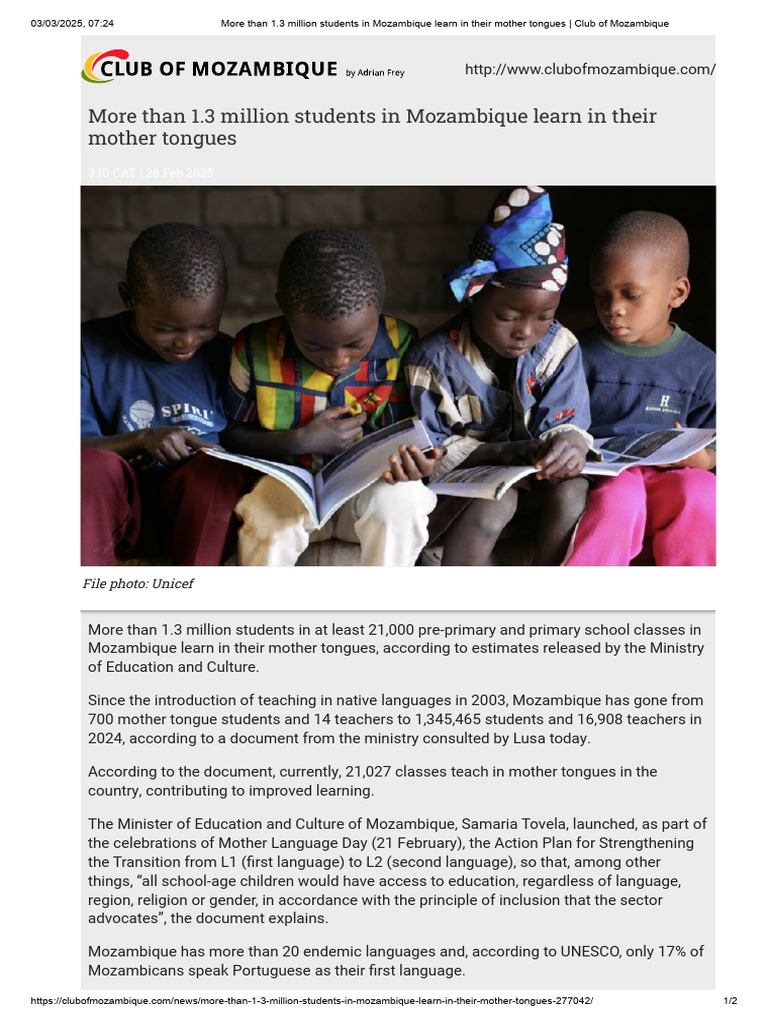 1.3M Students in Mozambique Learn Native Languages | PDF