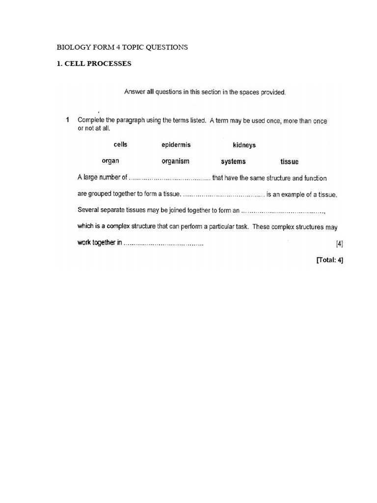 BIOLOGY FORM 4 TOPIC QUESTIONS | PDF