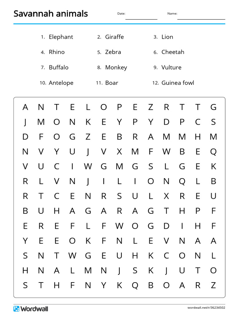 Savannah Animals Wordsearch | PDF