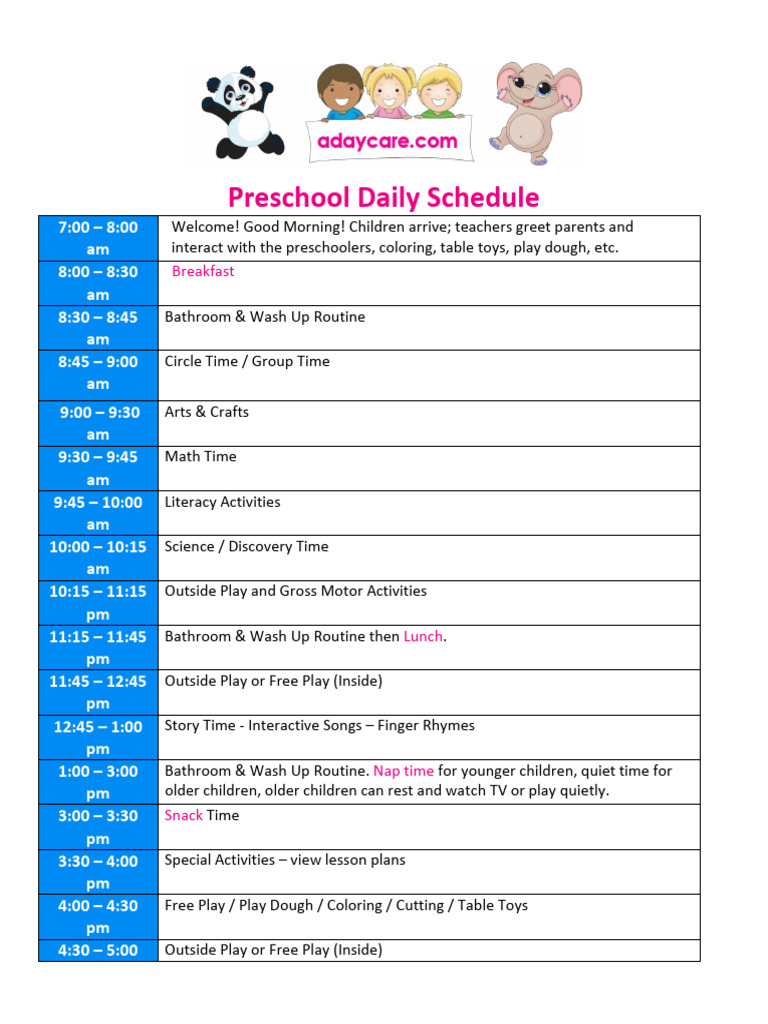 Preschool Daily Schedule Overview | PDF | Preschool | Curriculum