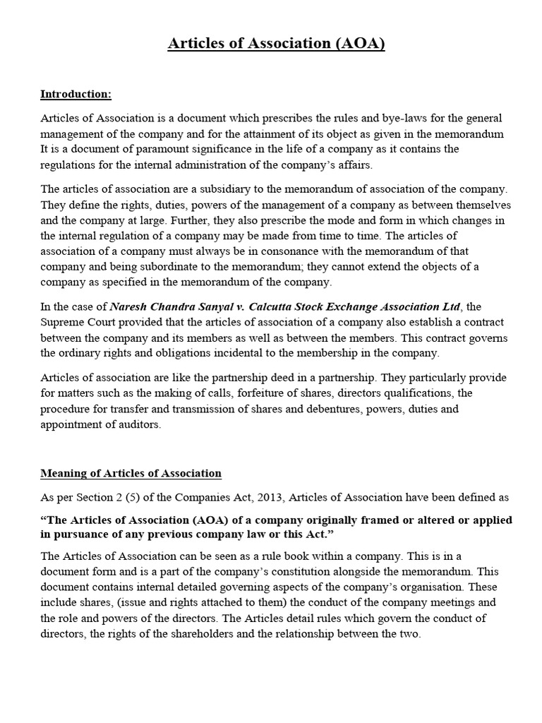 Articles of Association & Diff BW AOA ND MOA | PDF | Articles Of ...