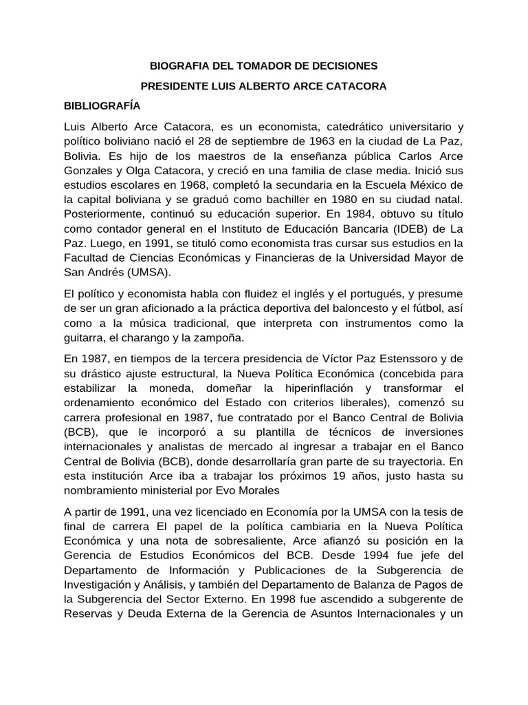 Biografía de Luis Arce Catacora | PDF | Bolivia | Economias