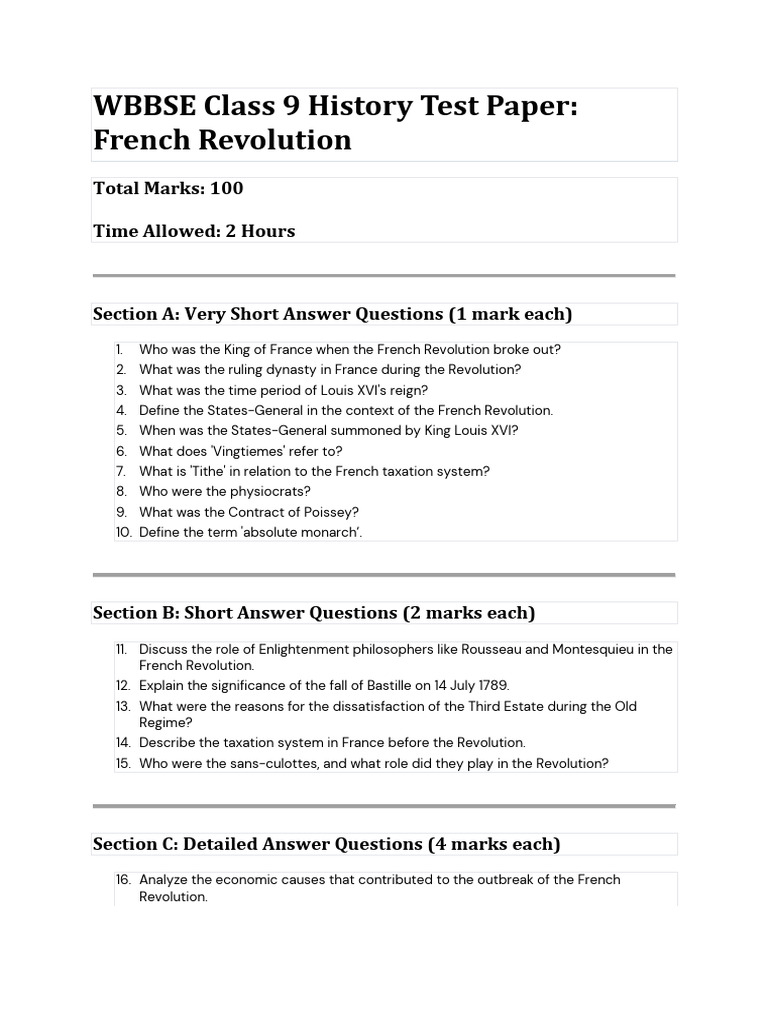 Class 9 History Test: French Revolution | PDF | French Revolution ...