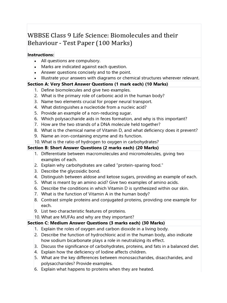 WBBSE Class 9 Life Science Test Papers | PDF | Tissue (Biology) | Human ...