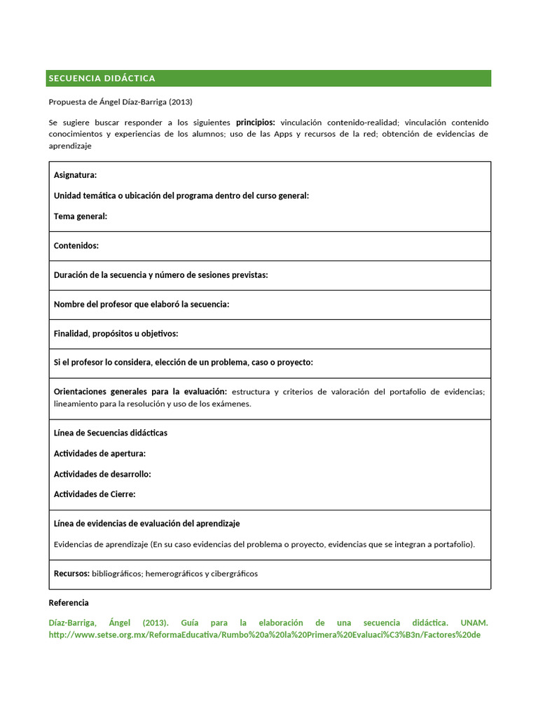 Formato de Secuencia Didáctica según Díaz-Barriga | PDF