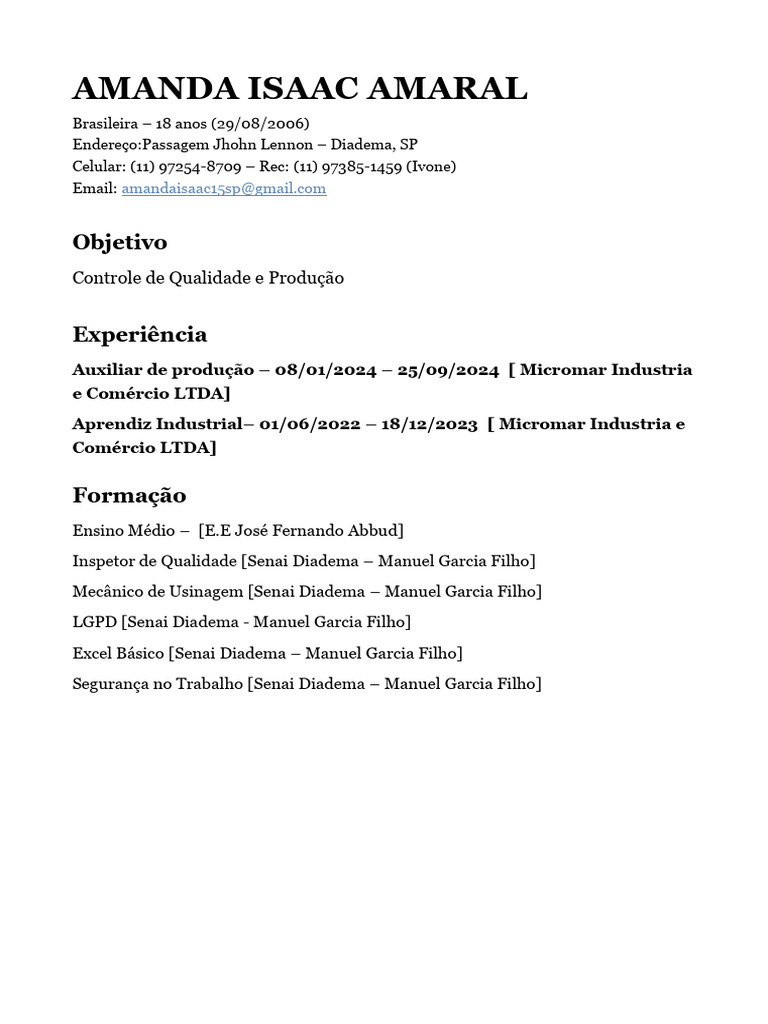 Currículo de Amanda Isaac Amaral | PDF