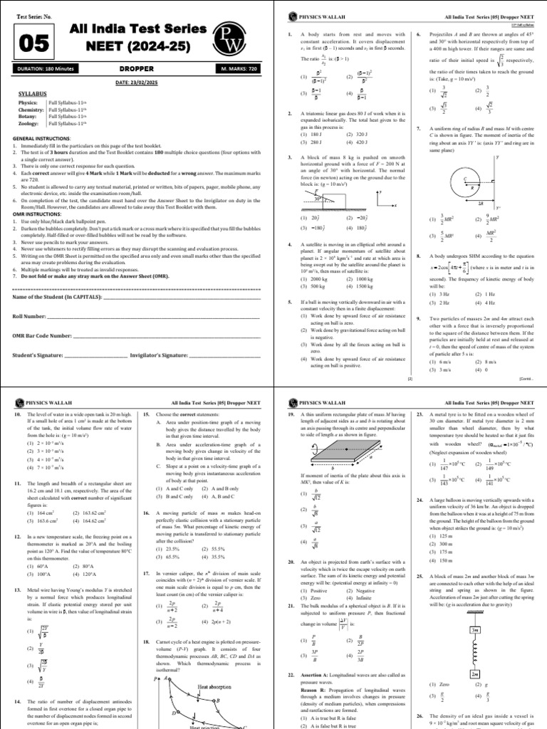 AITS 05 - Test Paper - Yakeen NEET 2.0 2025 - Converted - Removed | PDF ...
